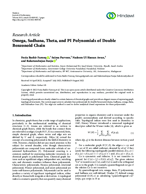 (PDF) Omega, Sadhana, Theta, and PI Polynomials of Double Benzonoid Chain