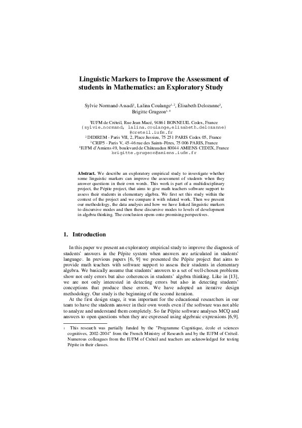 (PDF) Linguistic Markers to Improve the Assessment of Students in Mathematics: An Exploratory Study