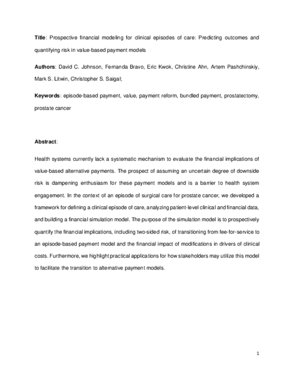 (PDF) Title: Prospective financial modeling for clinical episodes of ...