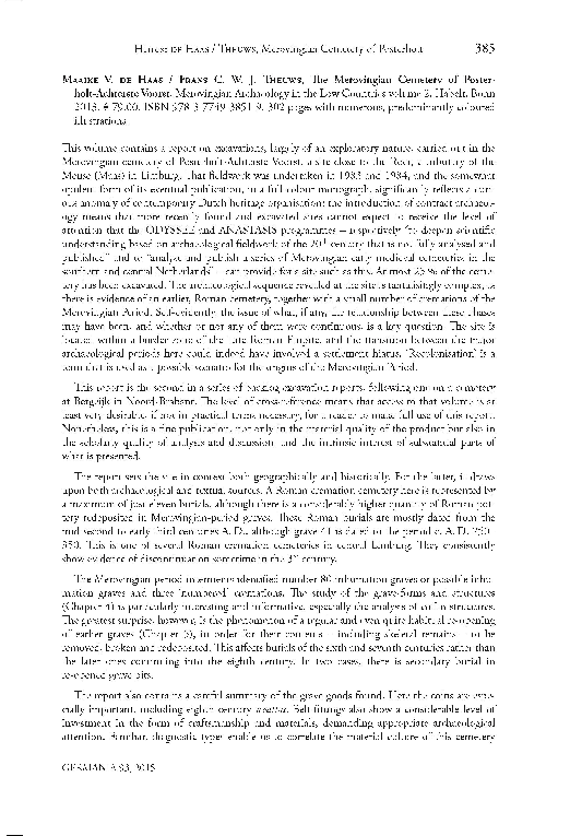 (PDF) Maaike V. de Haas / Frans C. W. J. Theuws, The Merovingian Cemetery of Posterholt ...