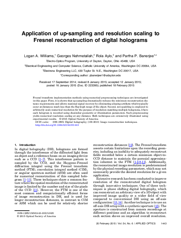 Pdf Application Of Up Sampling And Resolution Scaling To Fresnel Reconstruction Of Digital
