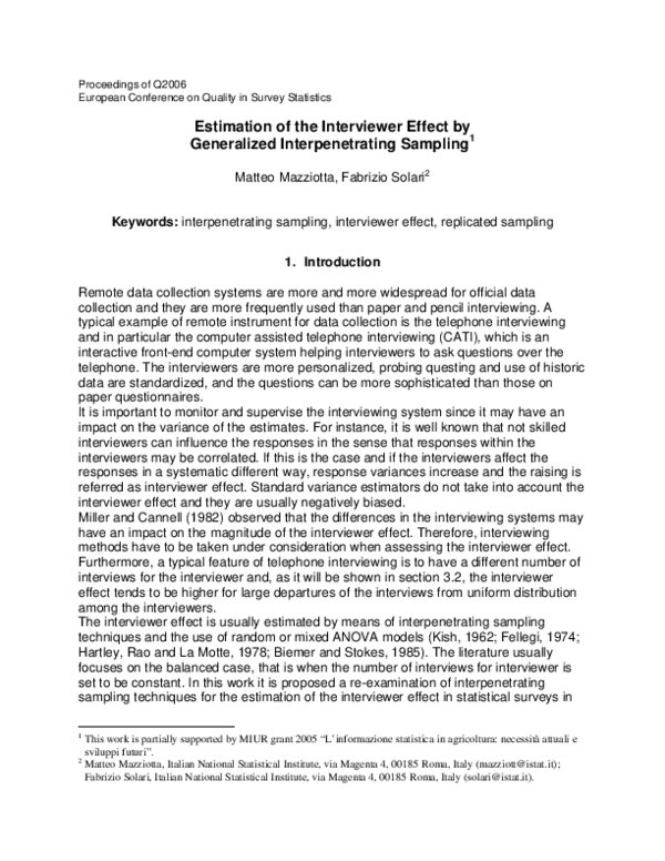 (PDF) Estimation of the Interviewer Effect by Generalized Interpenetrating Sampling1