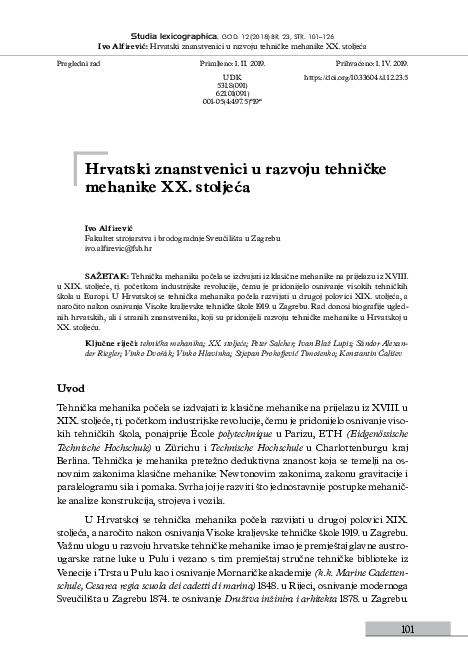 (PDF) Hrvatski znanstvenici u razvoju tehničke mehanike XX. stoljeća