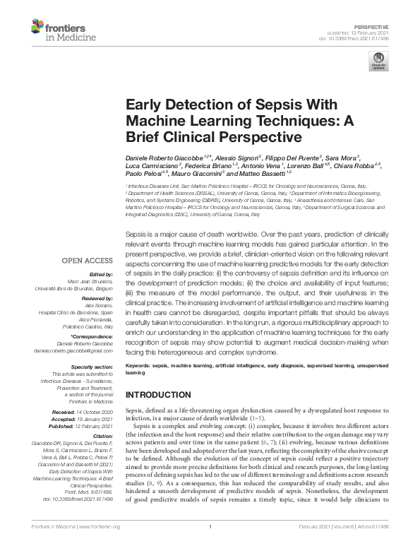 Pdf Early Detection Of Sepsis With Machine Learning Techniques A