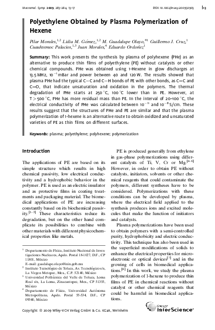 (PDF) Polyethylene Obtained by Plasma Polymerization of Hexene