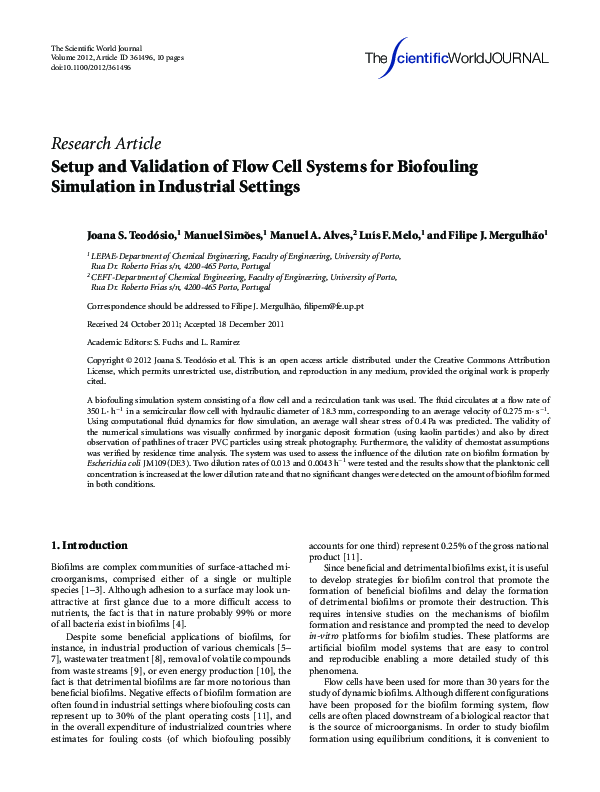 (PDF) Setup and validation of flow cell systems for biofouling simulation in industrial settings ...