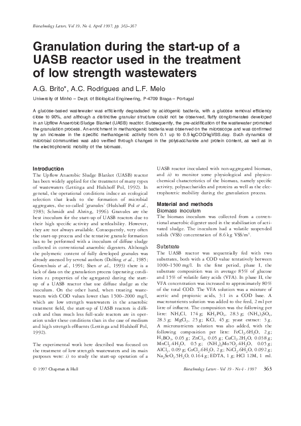 (PDF) Granulation during the start-up of a UASB reactor used in the ...