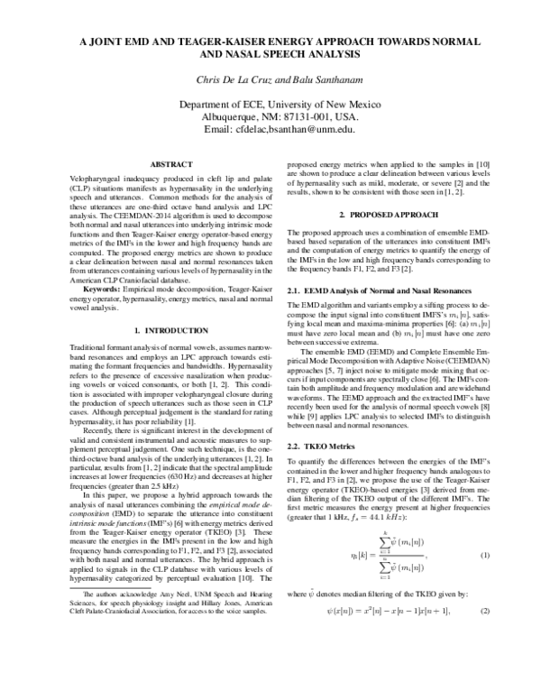 Pdf A Joint Emd And Teager Kaiser Energy Approach Towards Normal And Nasal Speech Analysis