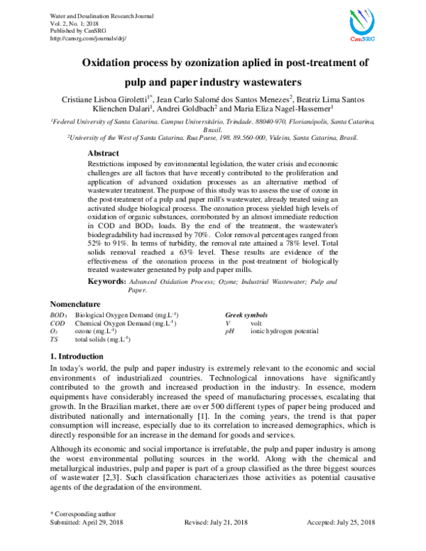 (PDF) Oxidation process by ozonization aplied in post-treatment of pulp ...