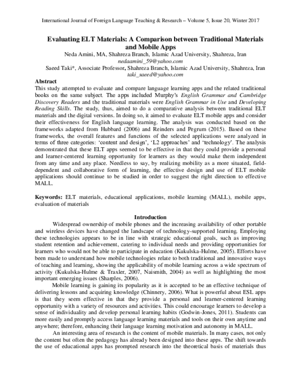 (PDF) Evaluating ELT Materials: A Comparison between Traditional Materials and Mobile Apps