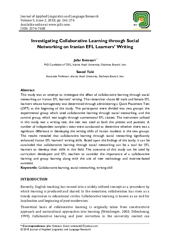 (PDF) Investigating Collaborative Learning through Social Networking on Iranian EFL Learners ...