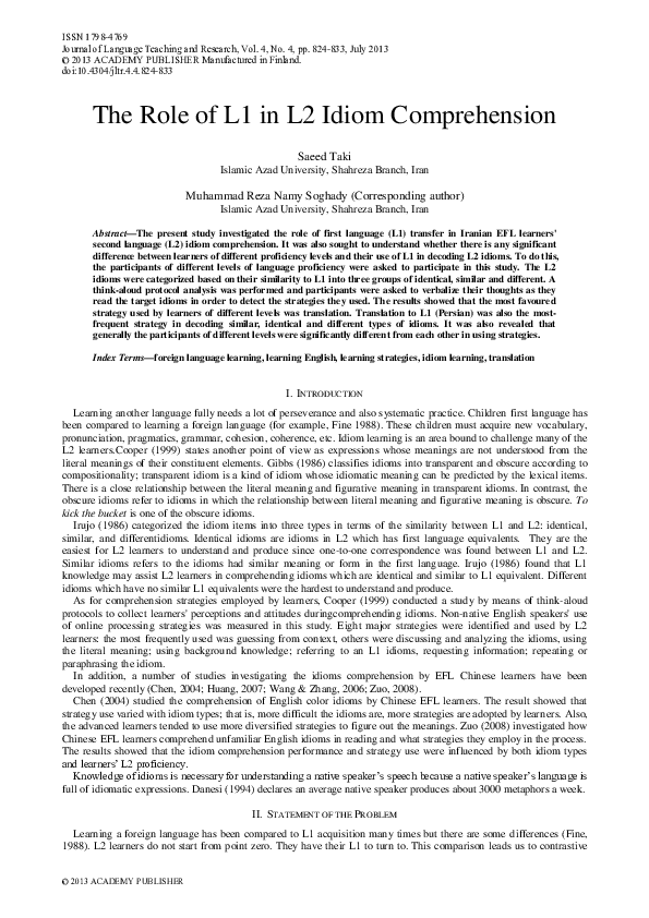 (PDF) The Role of L1 in L2 Idiom Comprehension
