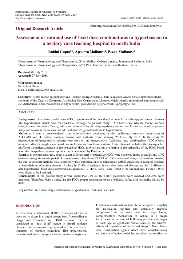 (PDF) Assessment of rational use of fixed dose combinations in hypertension in a tertiary care ...
