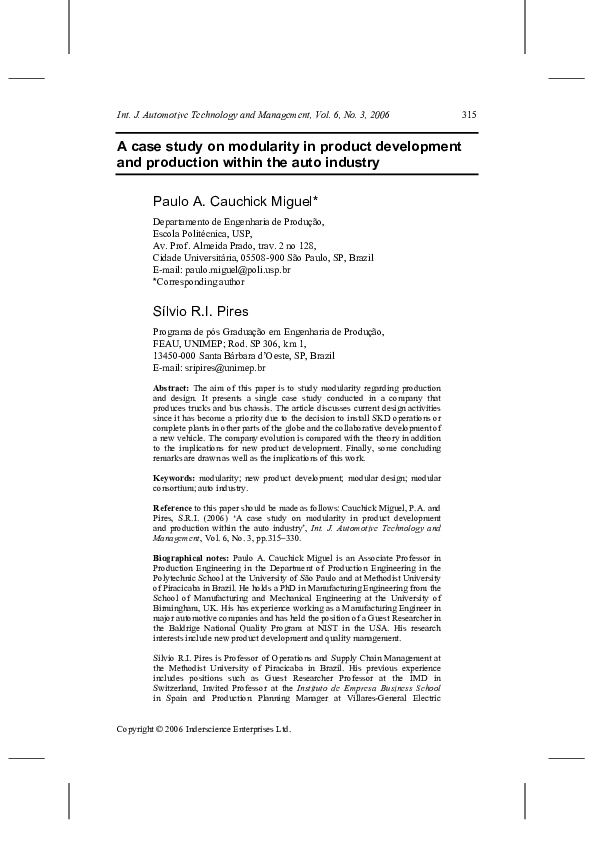 (PDF) A case study on modularity in product development and production within the auto industry