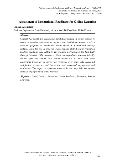 (PDF) Assessment of Institutional Readiness for Online Learning