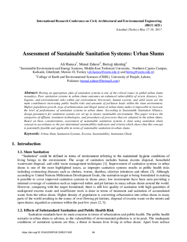 (PDF) Assessment of Sustainable Sanitation Systems: Urban Slums | Ali ...