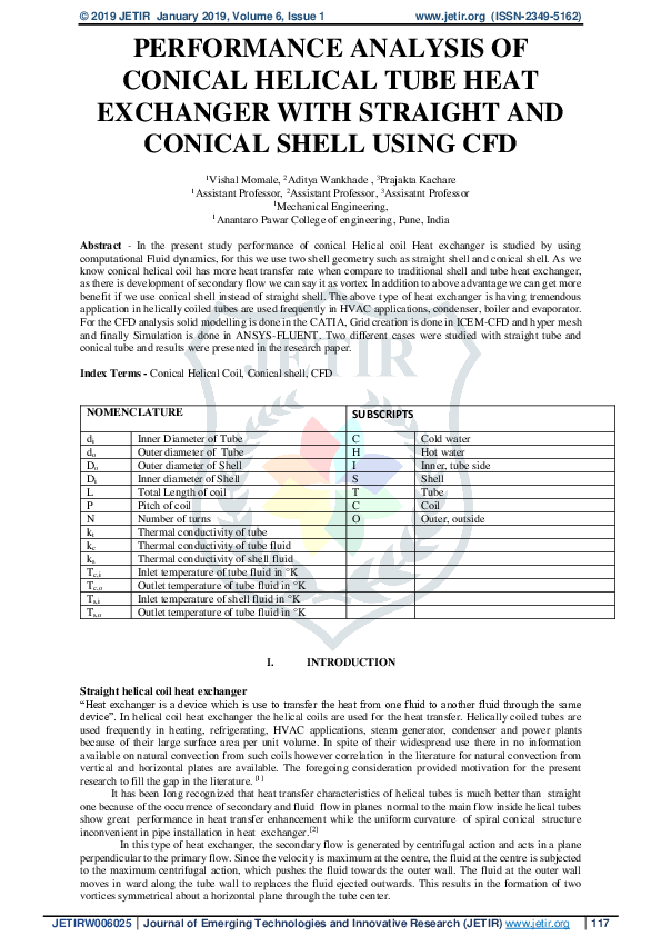 (PDF) Performance Analysis of Conical Helical Tube Heat Exchanger with Straight and Conical ...