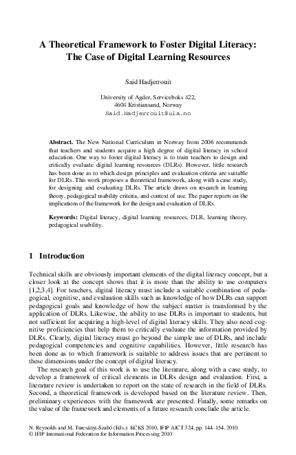 (PDF) A Theoretical Framework to Foster Digital Literacy: The Case of Digital Learning Resources