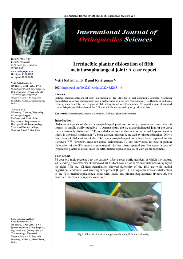 (PDF) Irreducible plantar dislocation of fifth metatarsophalangeal ...