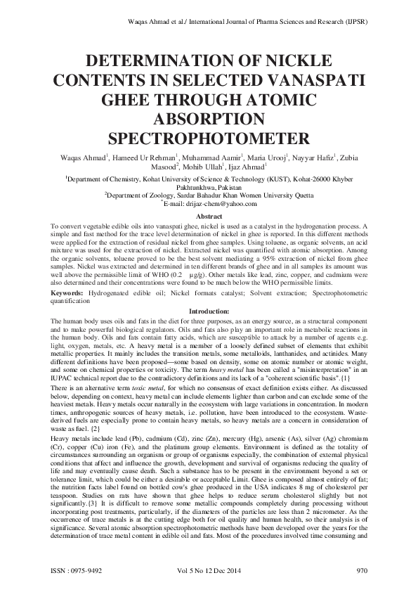 (PDF) Determination of Nickle Contents in Selected Vanaspati Ghee ...
