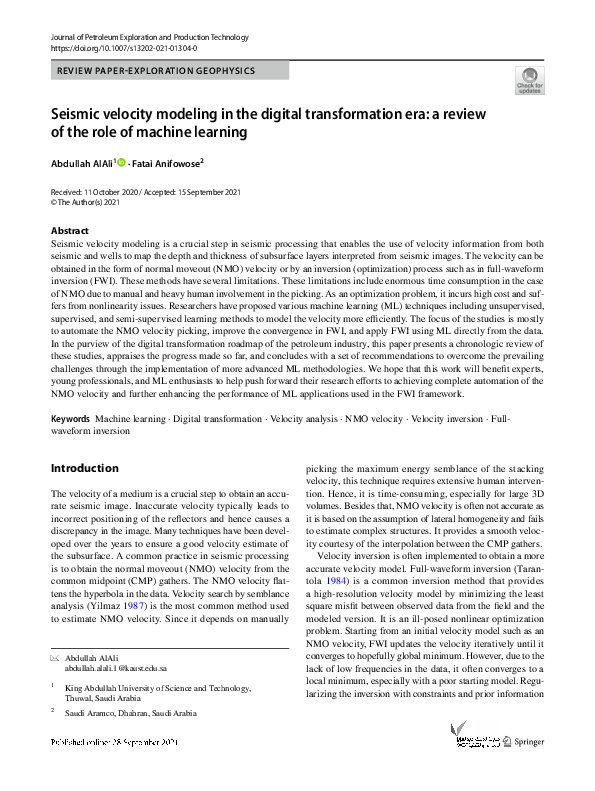 Pdf Seismic Velocity Modeling In The Digital Transformation Era A