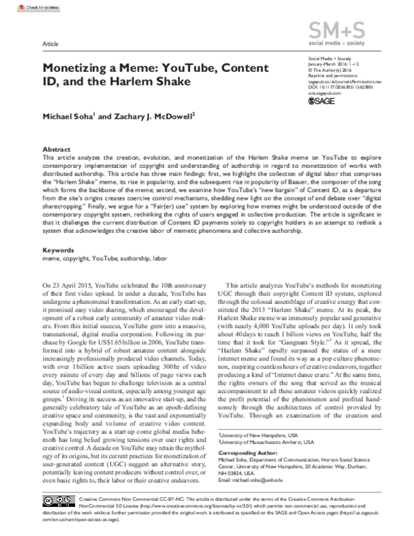 (PDF) Monetizing a Meme: YouTube, Content ID, and the Harlem Shake