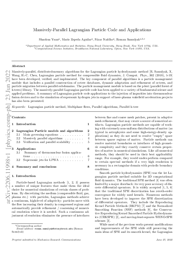 Pdf Massively Parallel Lagrangian Particle Code And Applications