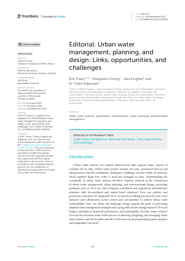 (PDF) Editorial: Urban water management, planning, and design: Links, opportunities, and challenges