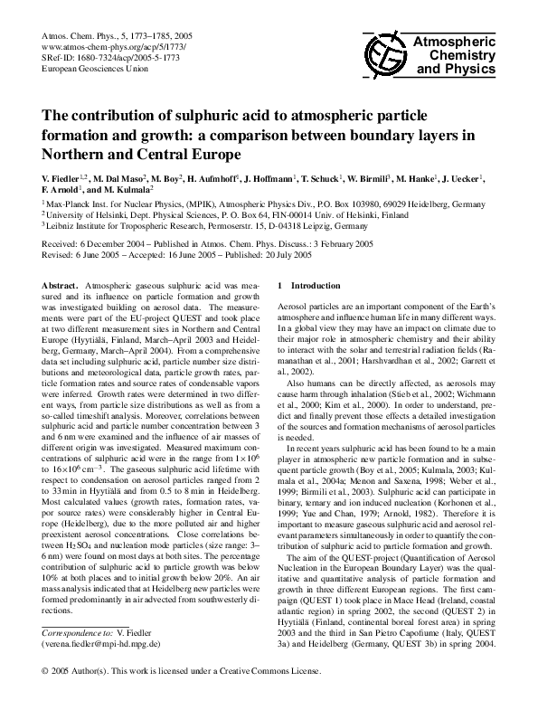 (PDF) The contribution of sulphuric acid to atmospheric particle ...