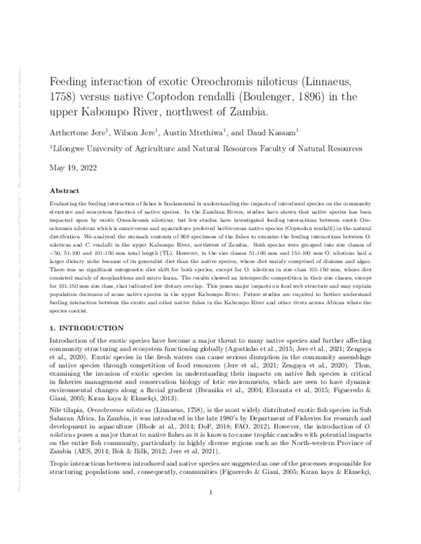 (PDF) Feeding interaction of exotic Oreochromis niloticus (Linnaeus ...