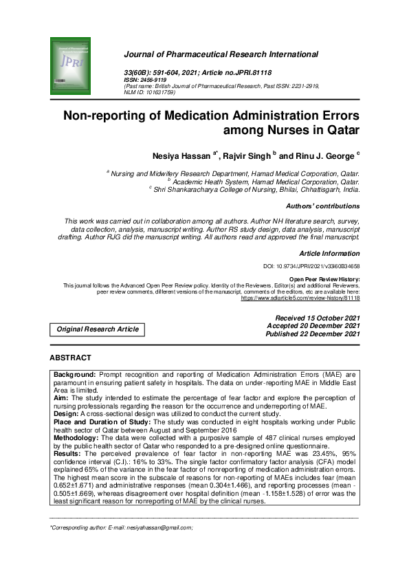 (PDF) Non-reporting of Medication Administration Errors among Nurses in Qatar