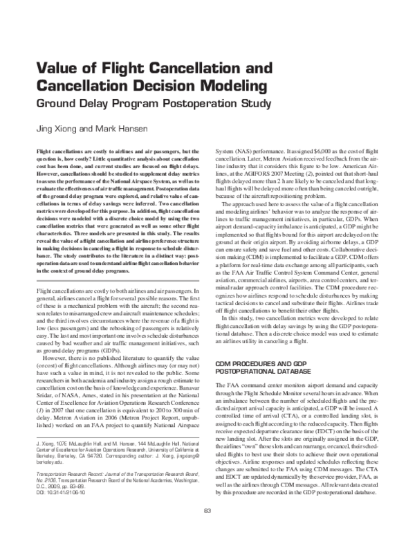 (PDF) Value of Flight Cancellation and Cancellation Decision Modeling