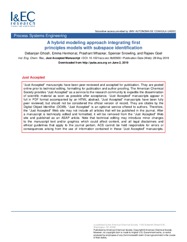 (PDF) Hybrid Modeling Approach Integrating First-Principles Models with Subspace Identification