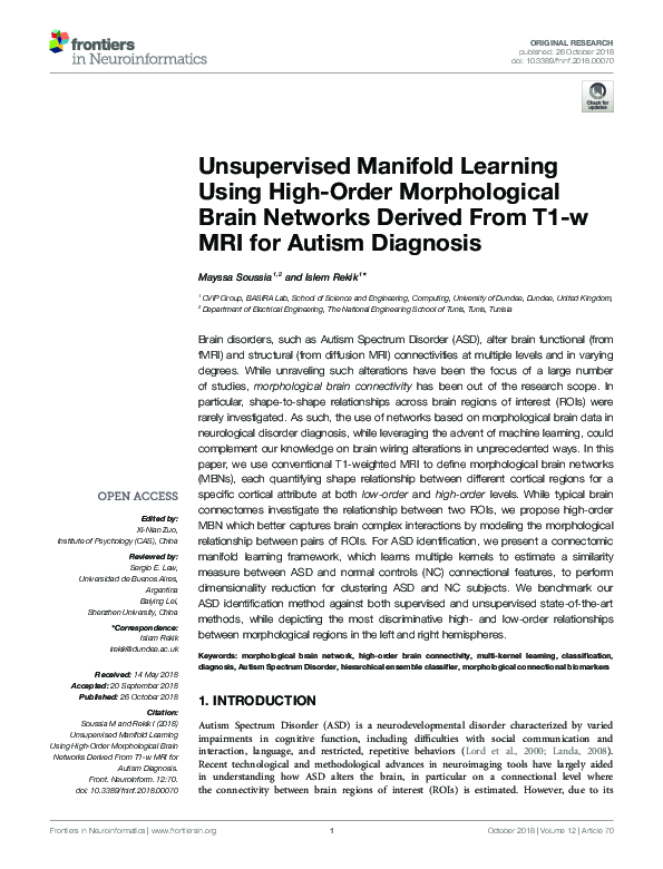 (PDF) Unsupervised Manifold Learning Using High-Order Morphological Brain Networks Derived From ...