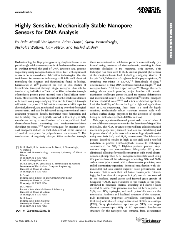 (PDF) Highly Sensitive, Mechanically Stable Nanopore Sensors for DNA Analysis
