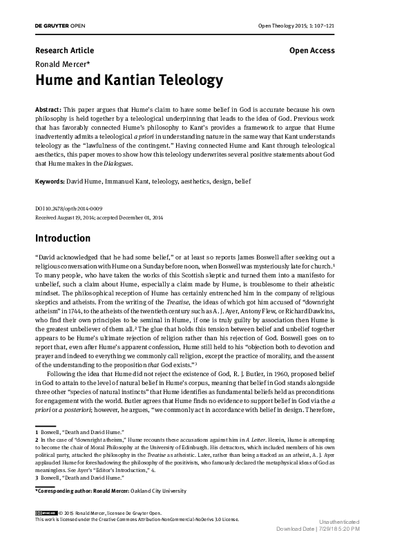 (PDF) Hume and Kantian Teleology