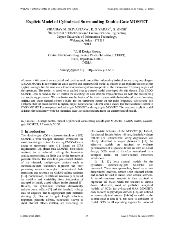 (PDF) Explicit Model of Cylindrical Surrounding Double-Gate MOSFET