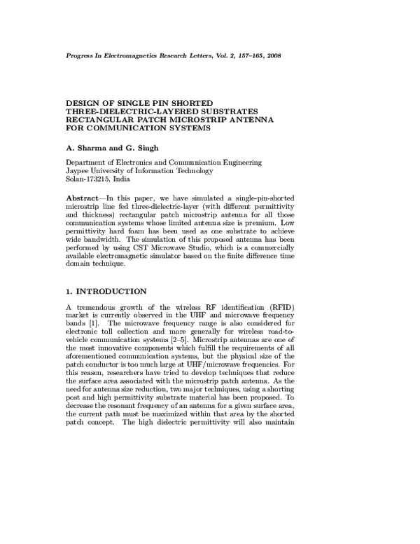 Pdf Design Of Single Pin Shorted Three Dielectric Layered Substrates Rectangular Patch