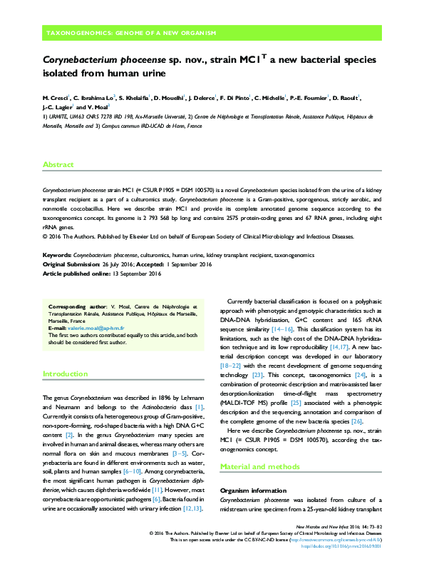 (PDF) Corynebacterium phoceense sp. nov., strain MC1T a new bacterial ...