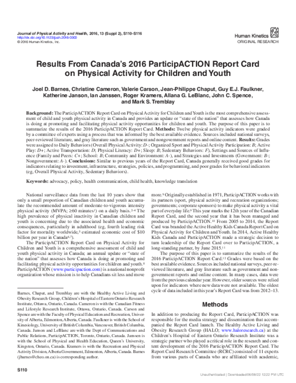 (PDF) Results From Canada's 2016 ParticipACTION Report Card on Physical ...