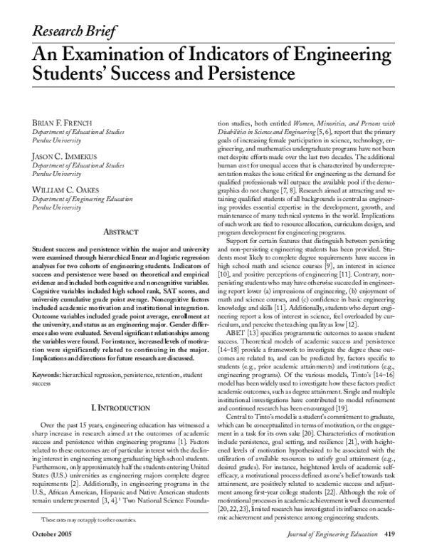 (PDF) An Examination of Indicators of Engineering Students' Success and Persistence
