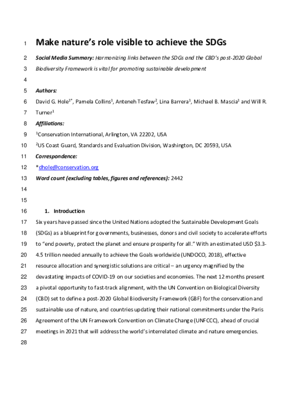 (PDF) Make natures role visible to achieve the SDGs | Michael Mascia ...