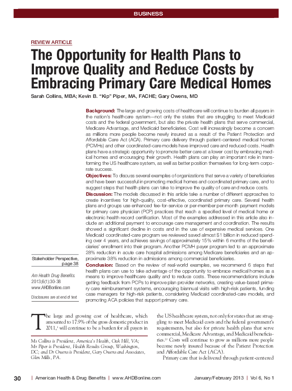 (PDF) The opportunity for health plans to improve quality and reduce ...