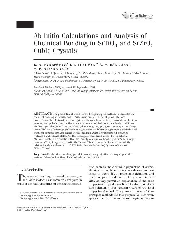 (PDF) Ab initio calculations and analysis of chemical bonding in SrTiO3 and SrZrO3 cubic crystals