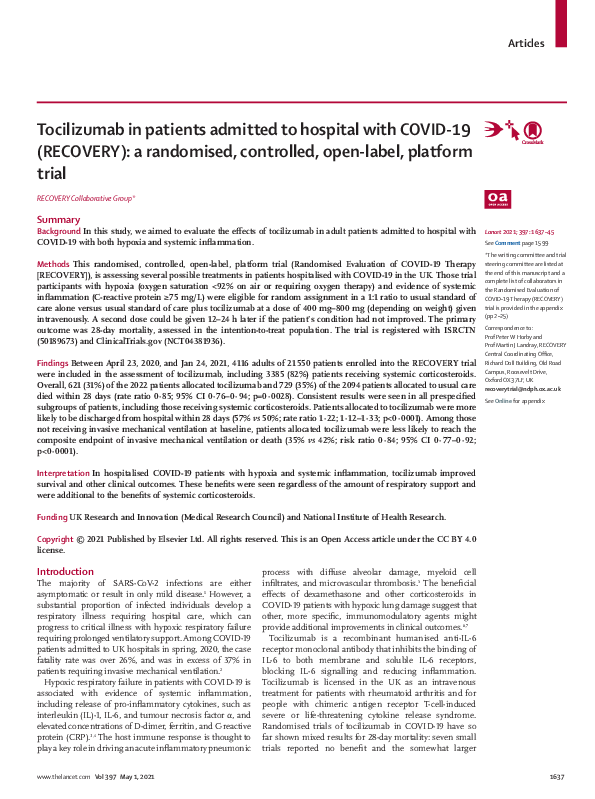 (PDF) Tocilizumab in patients admitted to hospital with COVID-19 ...