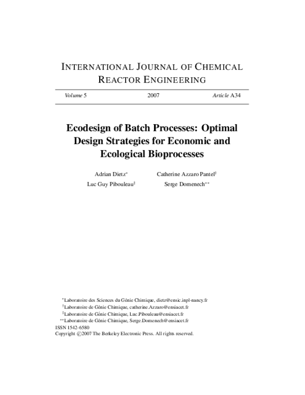 (PDF) Ecodesign of Batch Processes: Optimal Design Strategies for Economic and Ecological ...