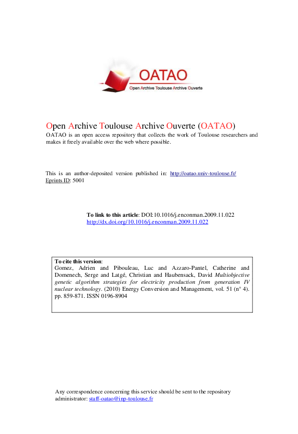 Pdf Multiobjective Genetic Algorithm Strategies For Electricity Production From Generation Iv