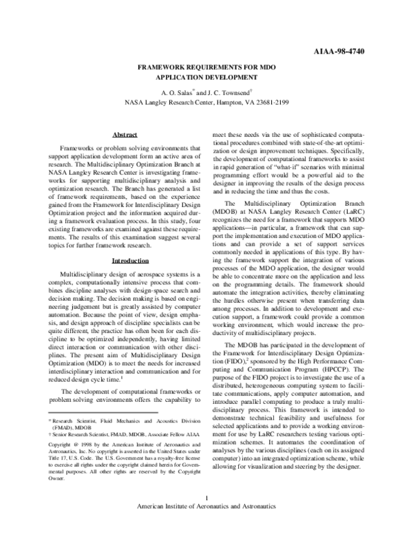 (PDF) Framework requirements for MDO application development (PDF) Framework requirements for MDO application development