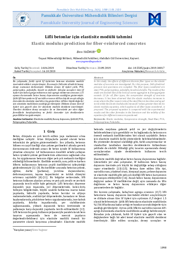 Pdf Elastic Modulus Prediction For Fiber Reinforced Concretes