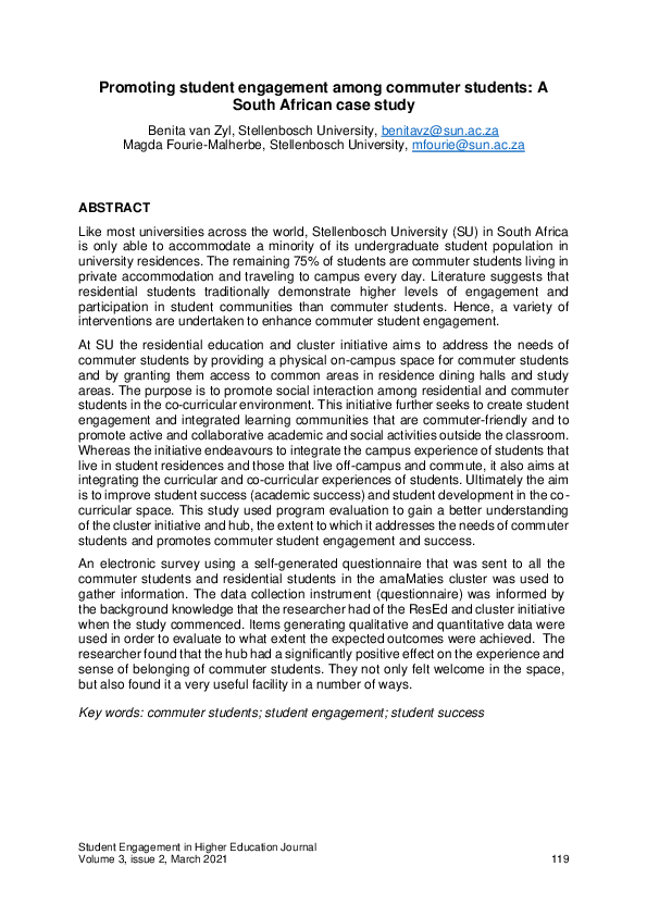 (PDF) Promoting student engagement among commuter students: a South ...